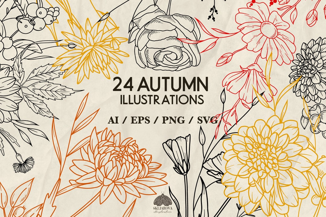 Fall Svg Bundle Autumn Flowers Svg Bouquet Svg Botanical Line Art Svg ...