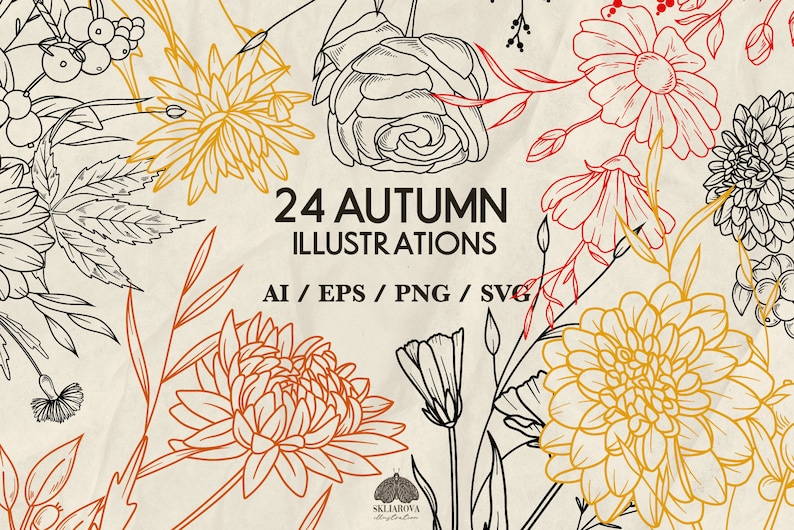 Fall Svg Bundle Autumn Flowers Svg Bouquet Svg Botanical Line Art Svg ...