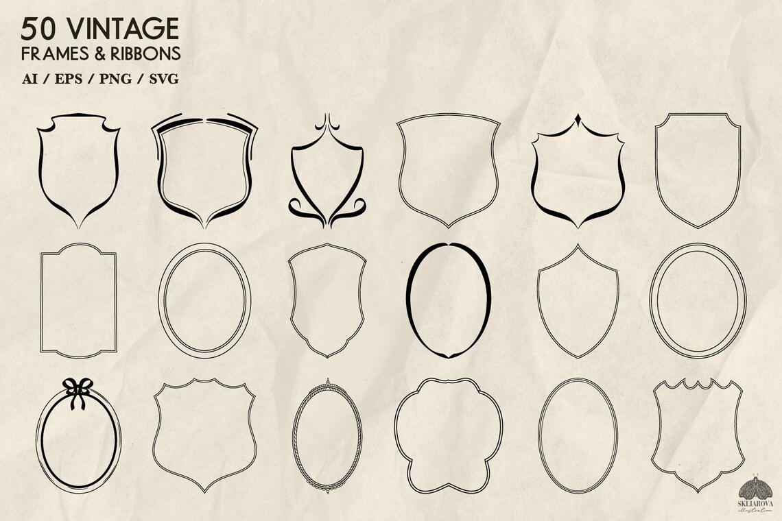 Vintage Crest Frames Svg Bundle Ribbon Svg Quirky Frame Curly Floral ...