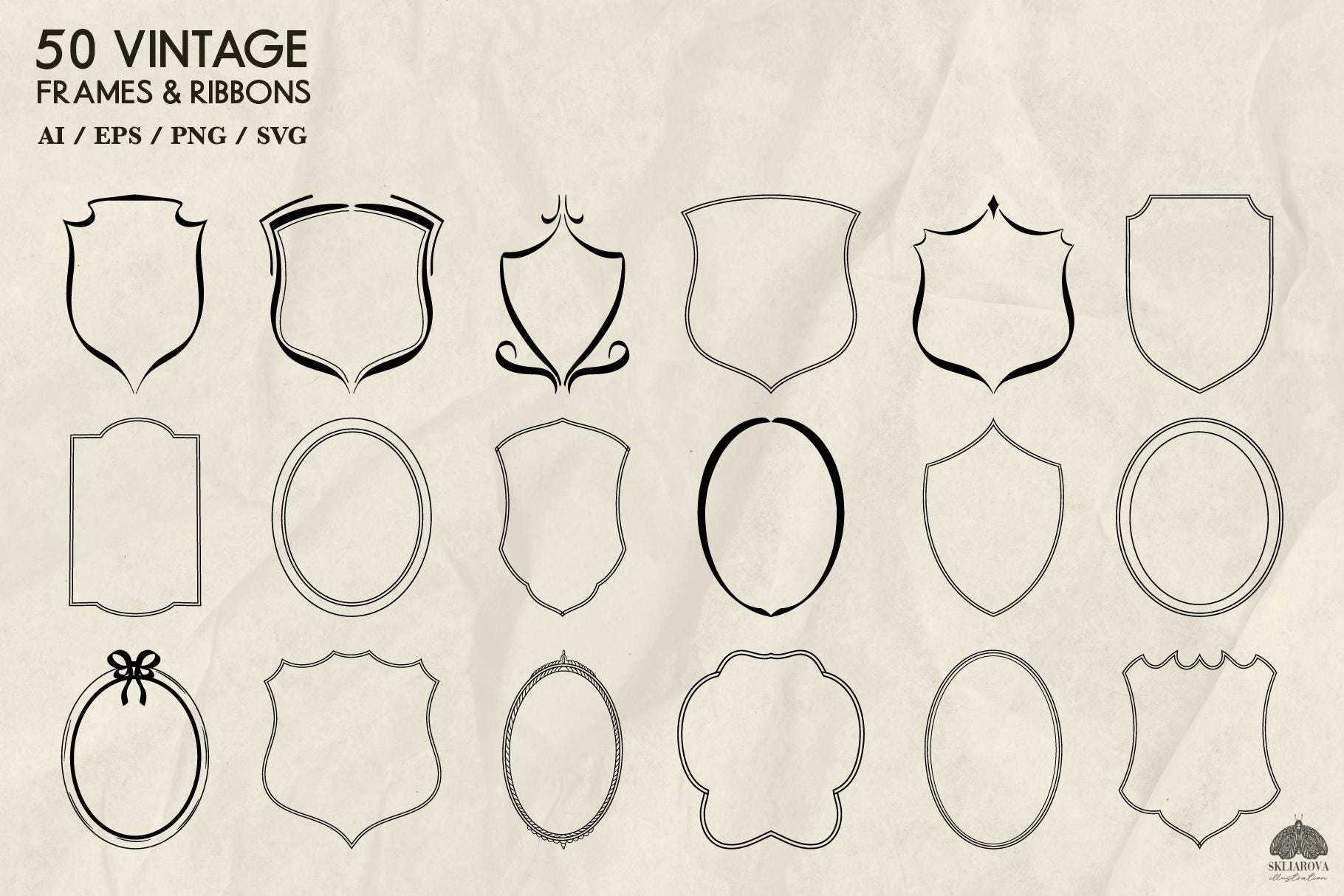 Vintage Crest Frames Svg Bundle Ribbon Svg Quirky Frame Curly Floral ...