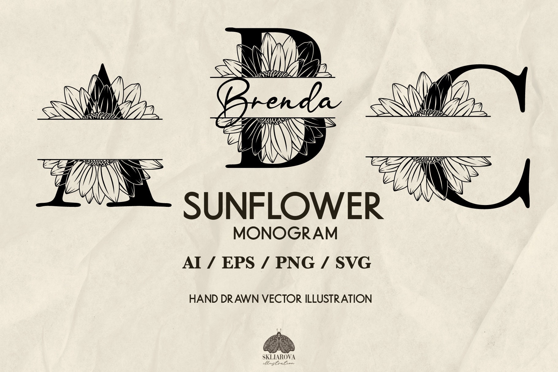 Sunflower Monogram SVG Bundle Split Letters Clipart Floral Wedding ...