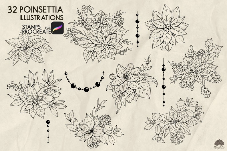Christmas Procreate Stamps: 32 Winter Poinsettia Brushes (procreate ...