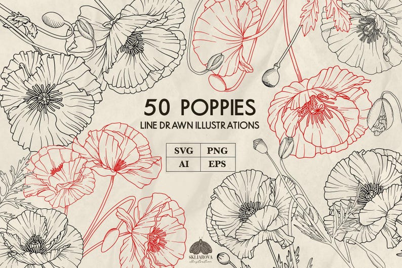 Poppy Svg Bundle Poppies Svg Wildflowers Svg Botanical Line Drawing ...