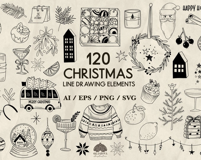 Christmas Line Art Clipart Bundle, Personal Use Only, Christmas Clipart ...