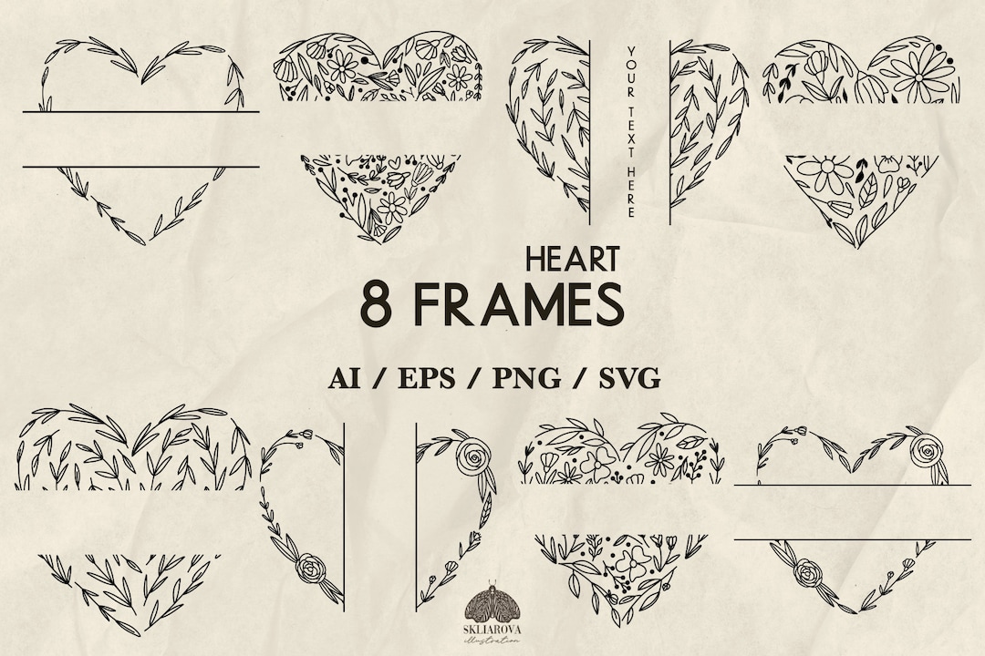 8 Floral Heart Frames Svg Bundle Wildflower Split Heart Border Svg ...