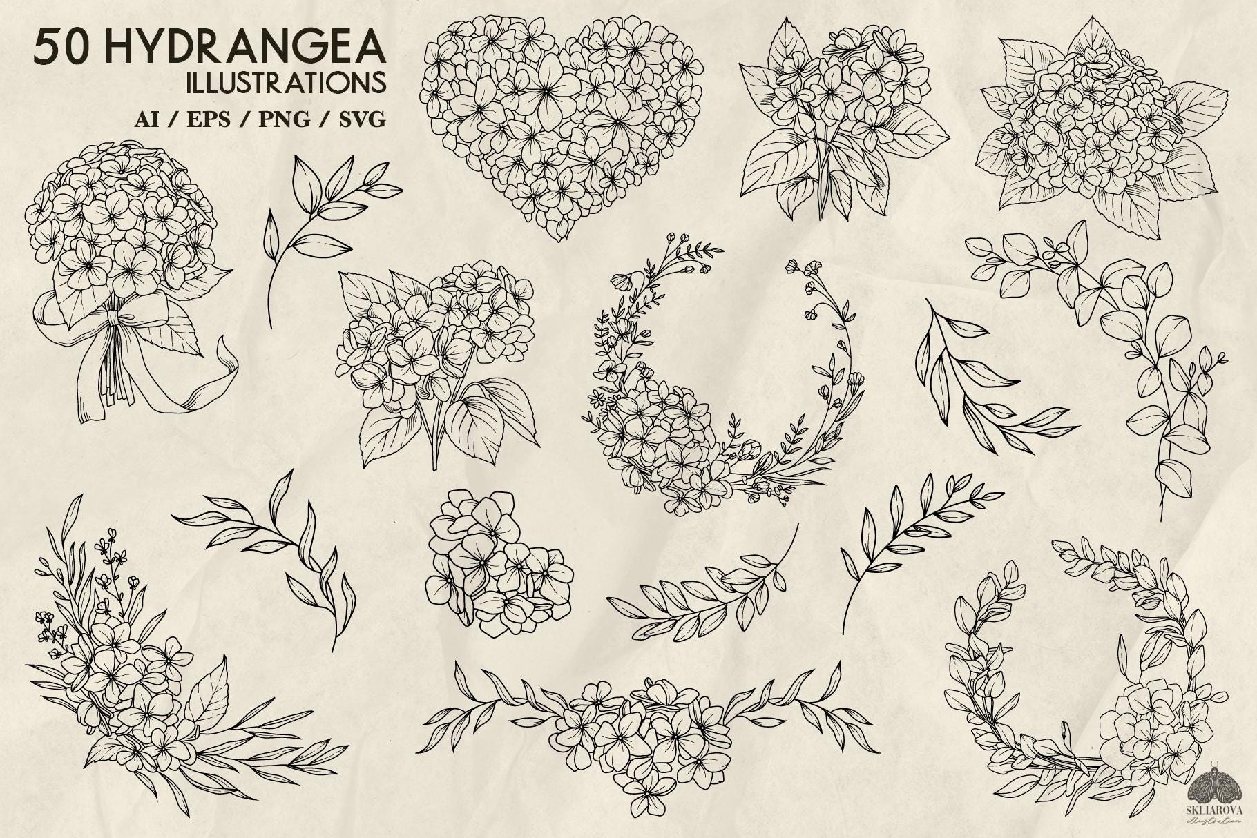 Hydrangea Svg Bundle Line Drawing Hydrangea Flower Wreath Svg Frame ...