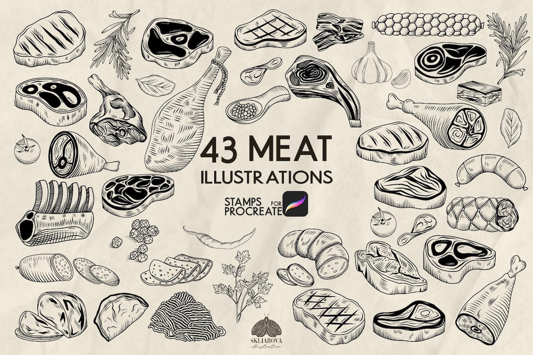 Meat Procreate Stamp Brushes Food Stamps for Procreate Steak Line Art ...
