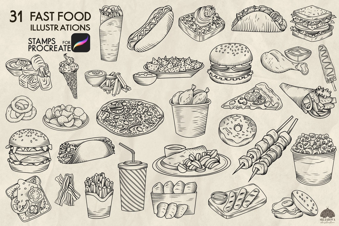 Food Procreate Stamps Fast Food Stamp Brushes Set Burger Hamburger Food ...