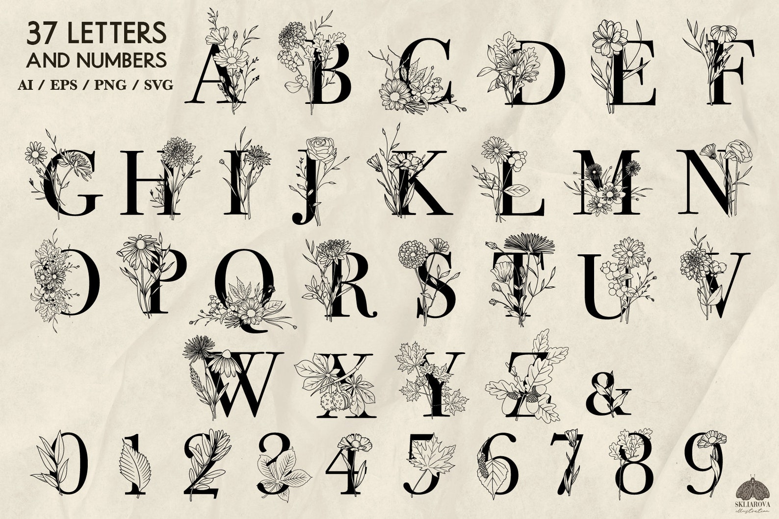 Fall Floral Alphabet SVG Bundle Autumn Alphabet ABC Hand Drawn ...