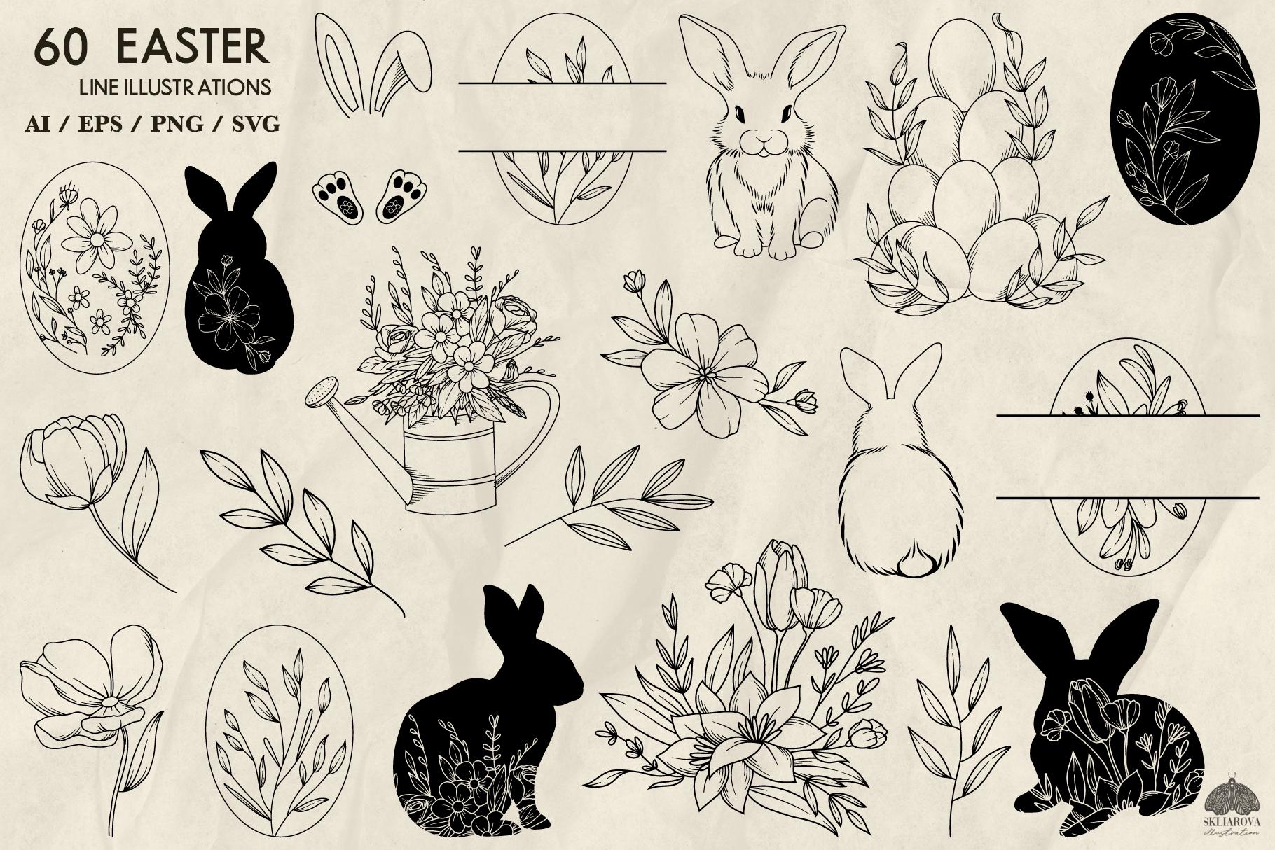 Easter SVG Bundle: Spring Bunny, Eggs, Basket Outline Illustrations ...