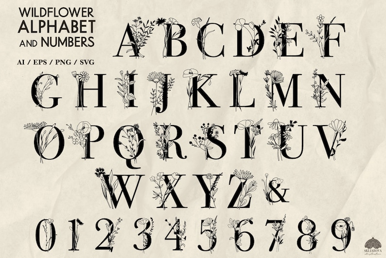 Wildflower Alphabet SVG Bundle: Floral Botanical Letters and Numbers ...