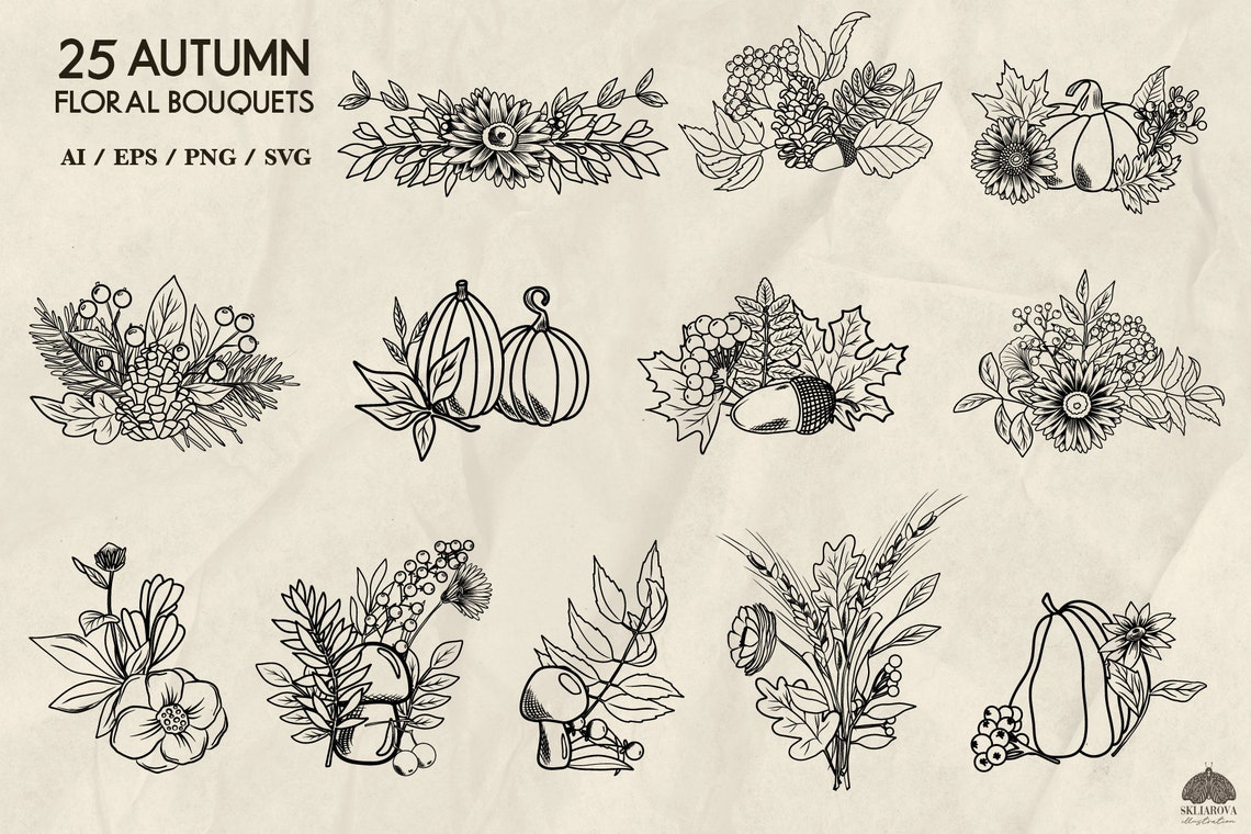 Autumn Floral Svg Bundle Fall Botanical Line Art Svg Fall Flowers ...