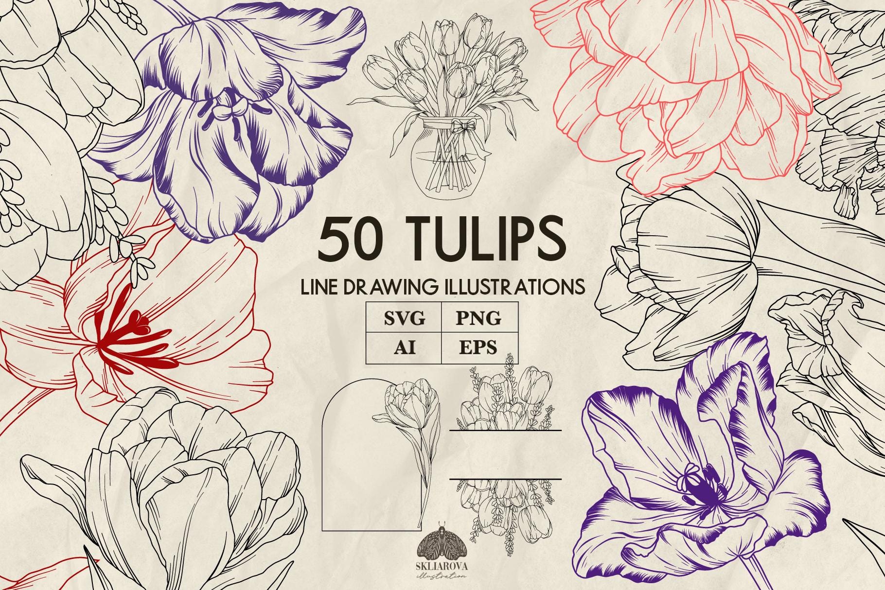 Tulip Svg Bundle Tulips Svg Spring Flowers Svg Tulip Outline Floral ...