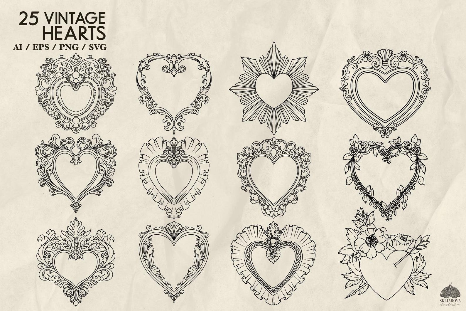 Vintage Hearts Svg Bundle Love Svg Heart Svg Line Drawing Quirky Heart ...