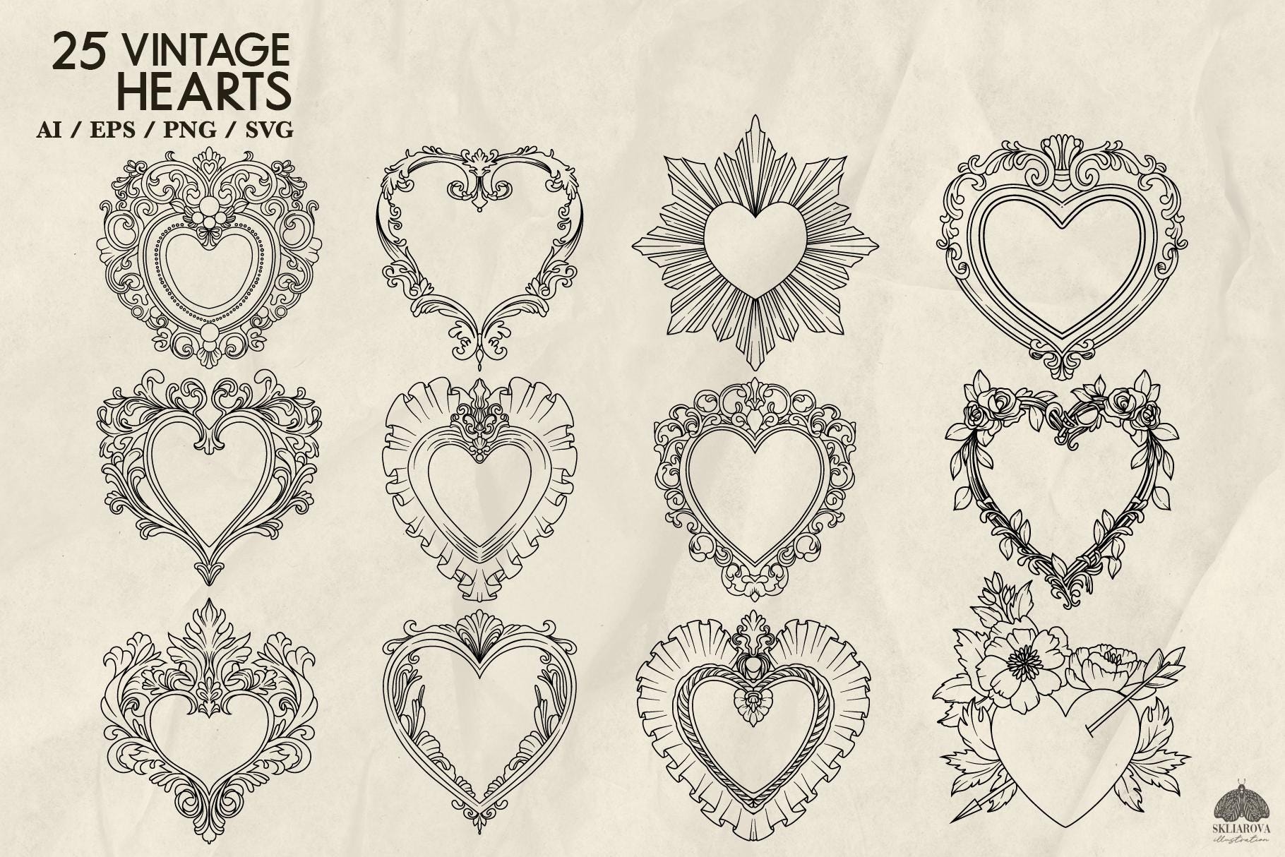 Vintage Hearts Svg Bundle Love Svg Heart Svg Line Drawing Quirky Heart ...