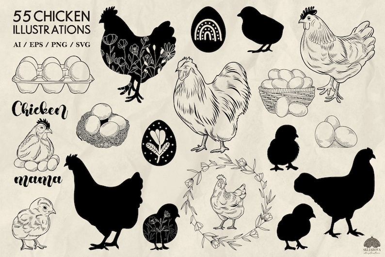 Chicken SVG Bundle: 55 Farm Vector Outline Illustrations (+PNG, EPS) - Etsy