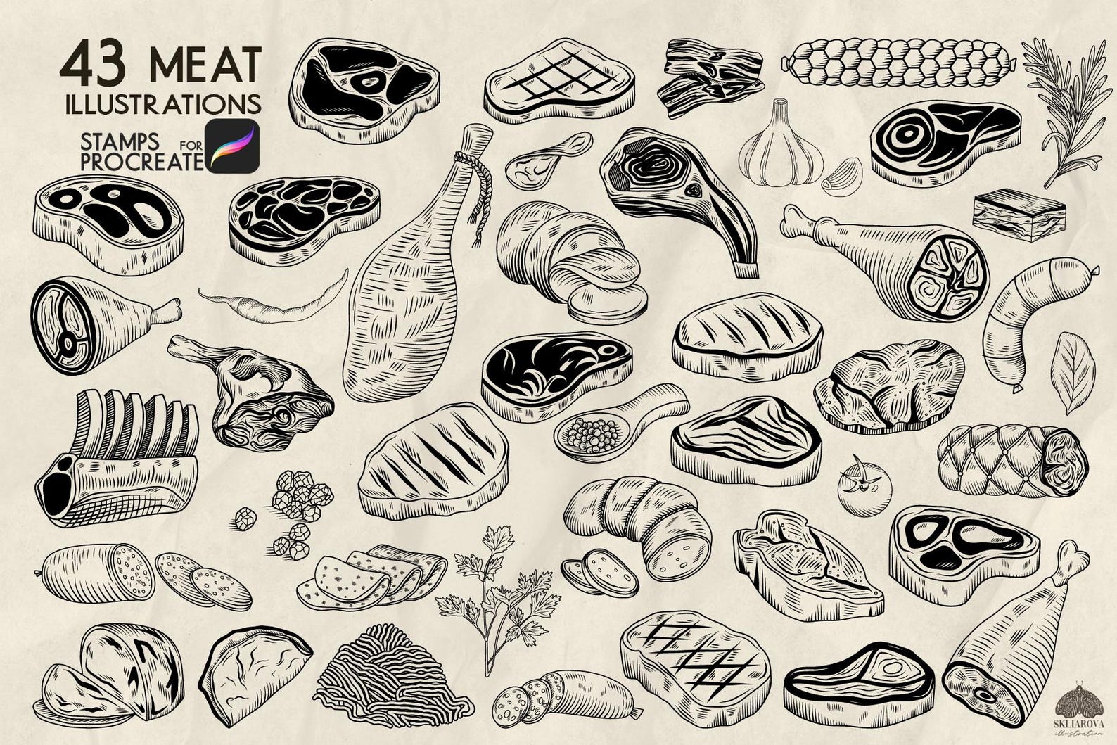 Meat Procreate Stamp Brushes Food Stamps for Procreate Steak Line Art ...