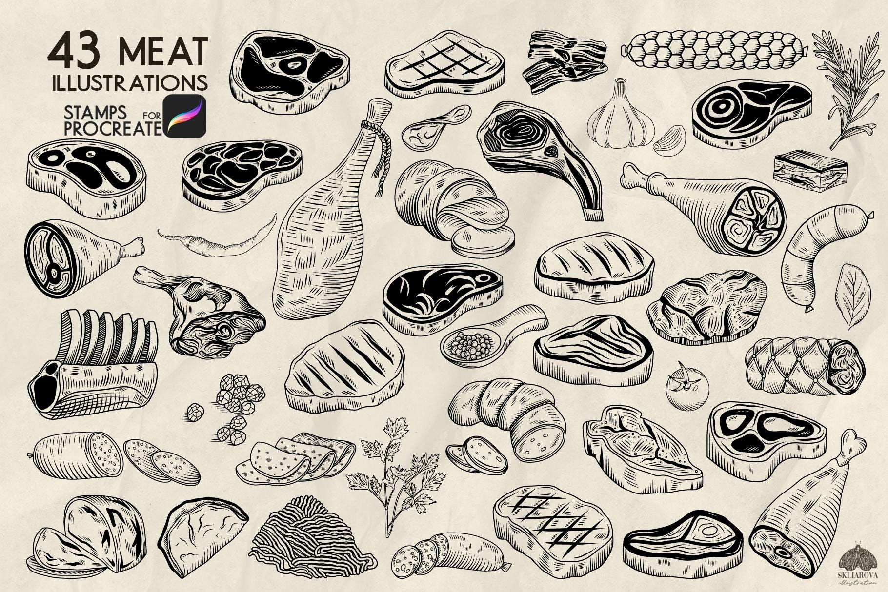 Meat Procreate Stamp Brushes Food Stamps for Procreate Steak Line Art ...