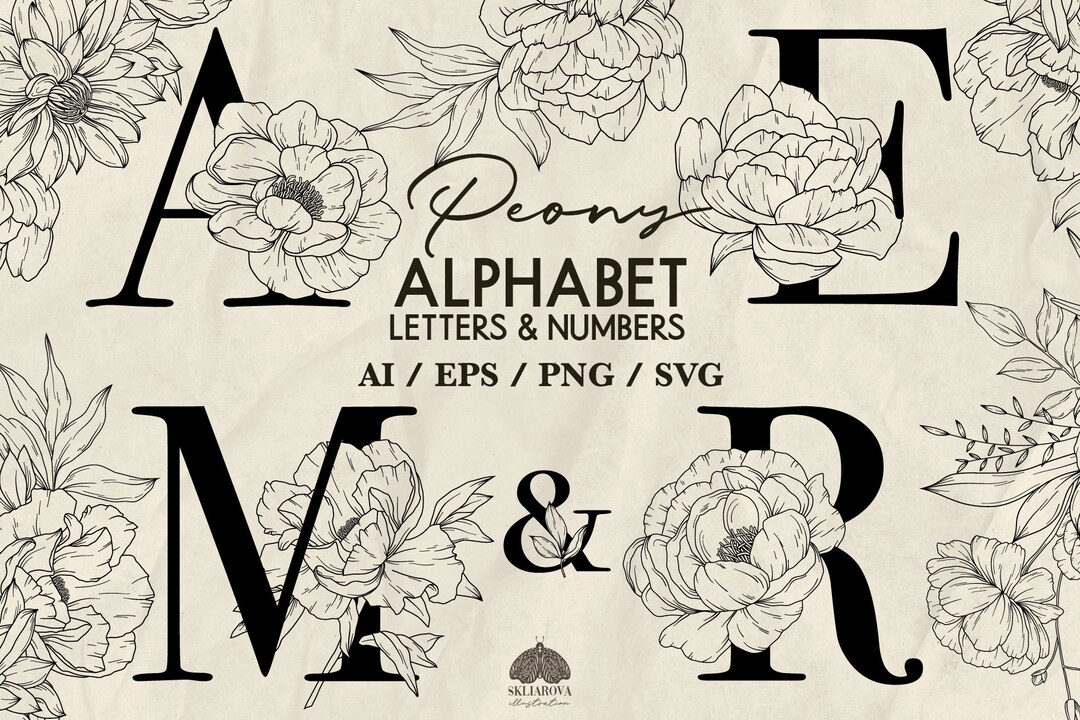 Floral Alphabet SVG: Peony Botanical Letters and Numbers (+PNG, EPS) - Etsy