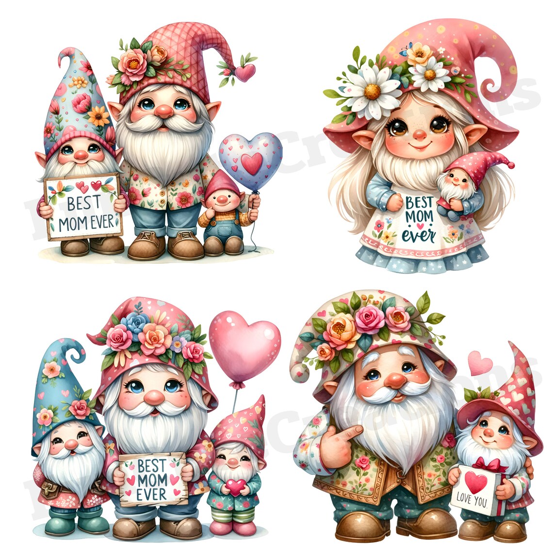 Mother's Day Gnome Watercolor Clipart Bundle, Mother's Day Clipart ...