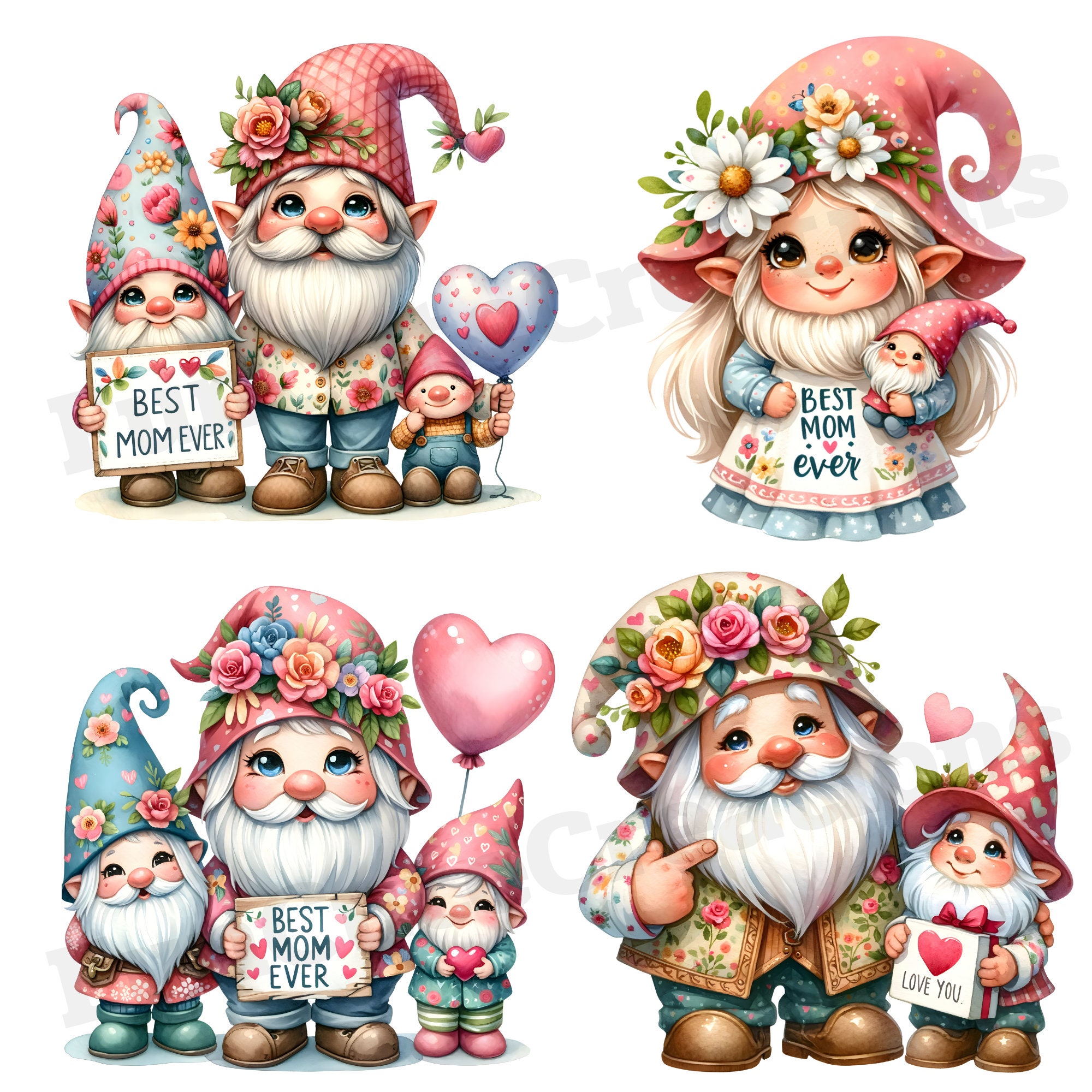 Mother's Day Gnome Watercolor Clipart Bundle, Mother's Day Clipart ...