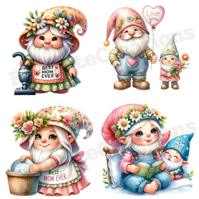 Mother's Day Gnome Watercolor Clipart Bundle, Mother's Day Clipart ...