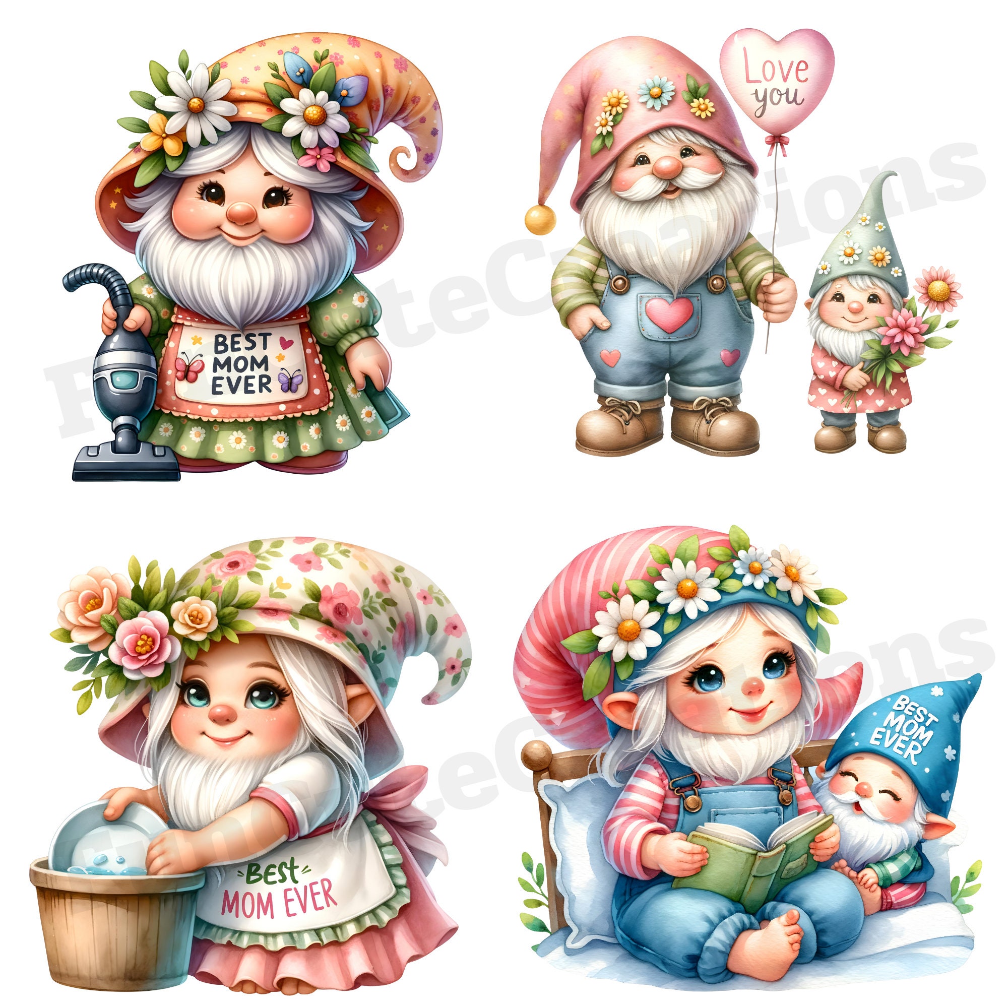 Mother's Day Gnome Watercolor Clipart Bundle, Mother's Day Clipart ...