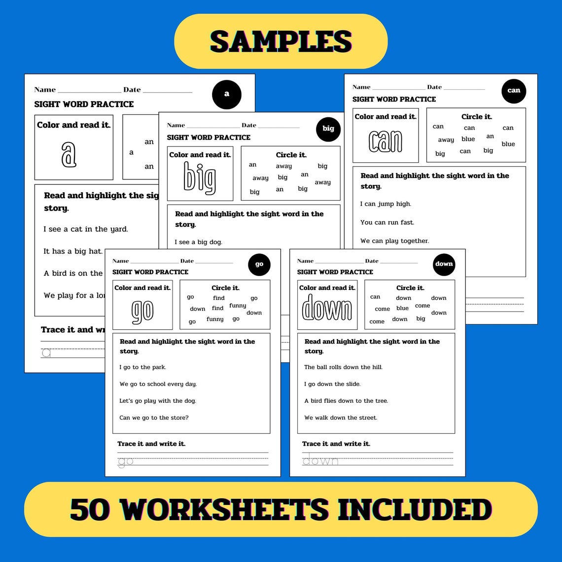 50 Sight Word Worksheets, Kindergarten Sight Word Practice, Pre-primer ...