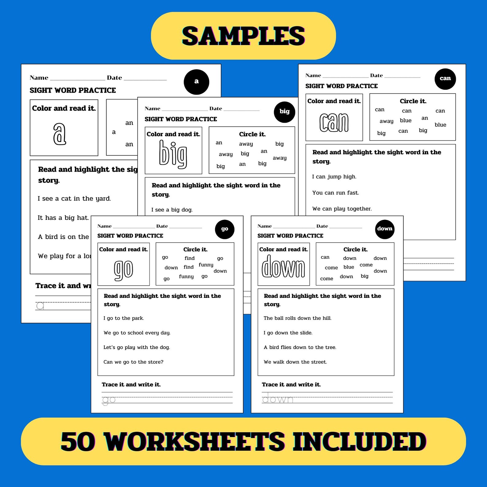 50 Sight Word Worksheets, Kindergarten Sight Word Practice, Pre-primer ...