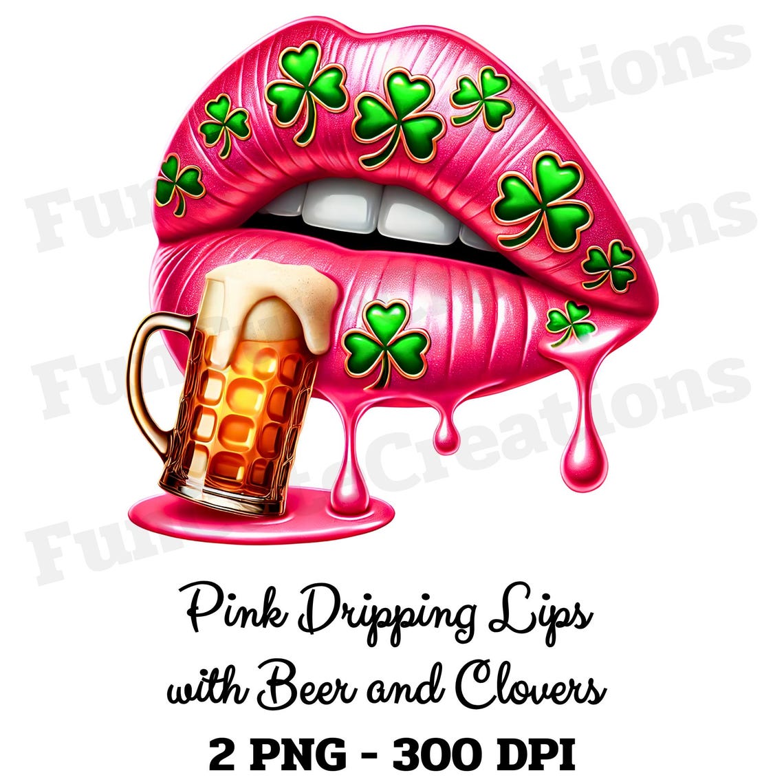Pink Dripping Lips With Beer and Clovers PNG, St. Patrick’s Day Lips ...