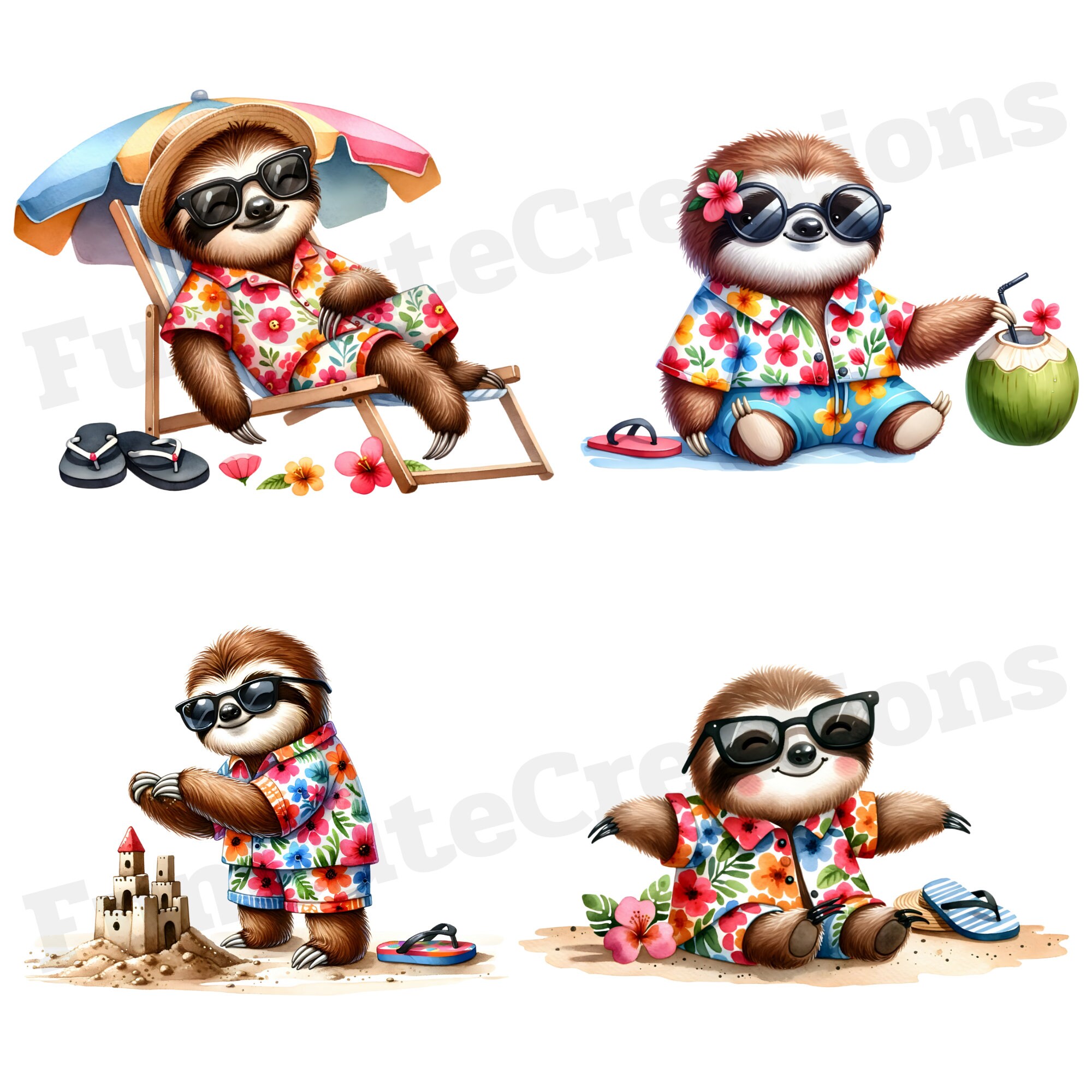 Summer Sloth Clipart, Cute Sloth Clipart, Beach Clipart, Summer Clipart ...
