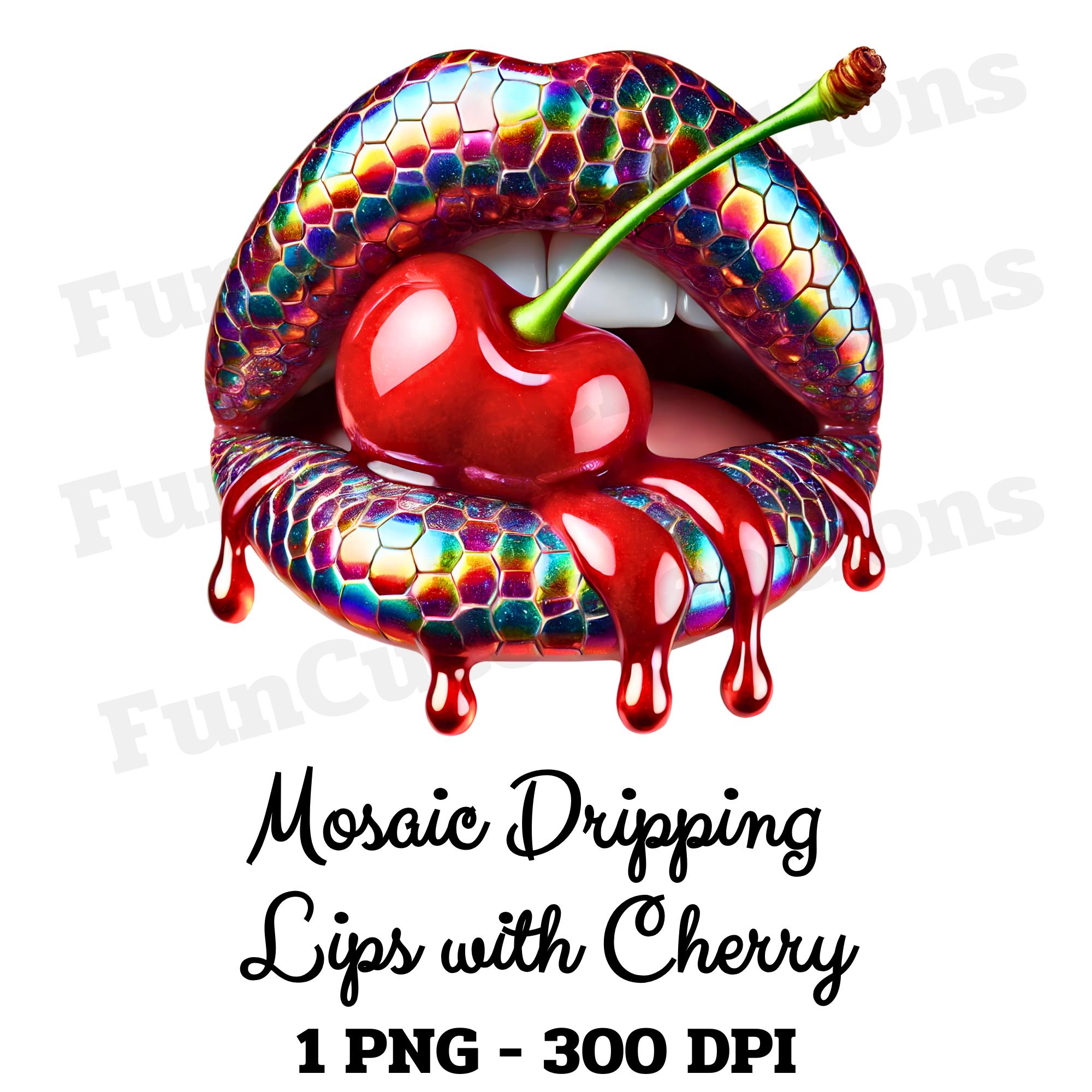 Mosaic Dripping Lips With Cherry PNG, Cherry Lips PNG, Fruit Lips PNG ...