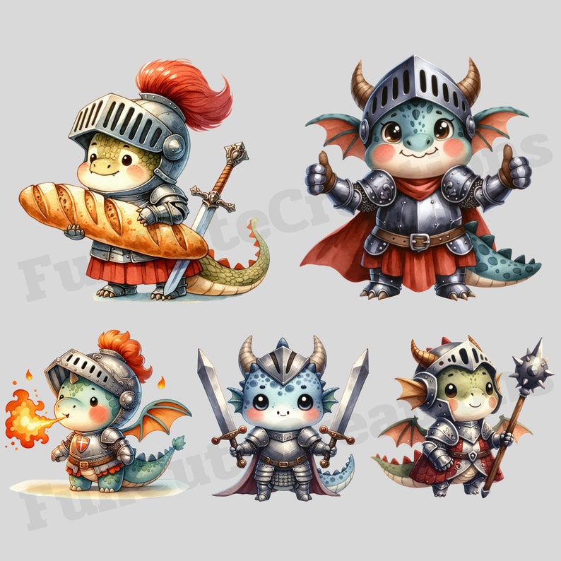 Cute Medieval Knight Dragon Watercolor Clipart, Cute Medieval Knight ...