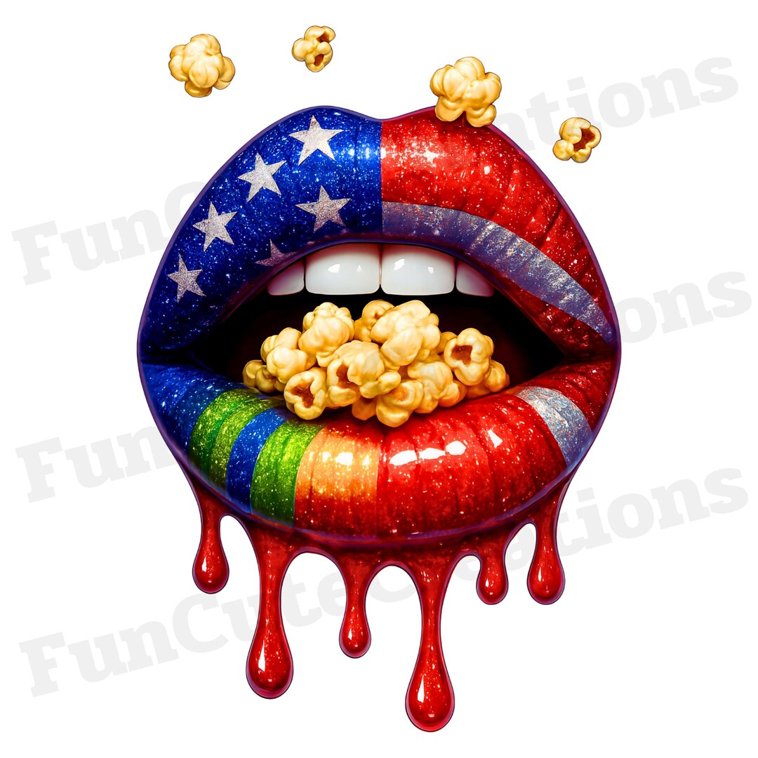 4th of July Dripping Lips With Popcorn PNG, American Flag Lips PNG ...