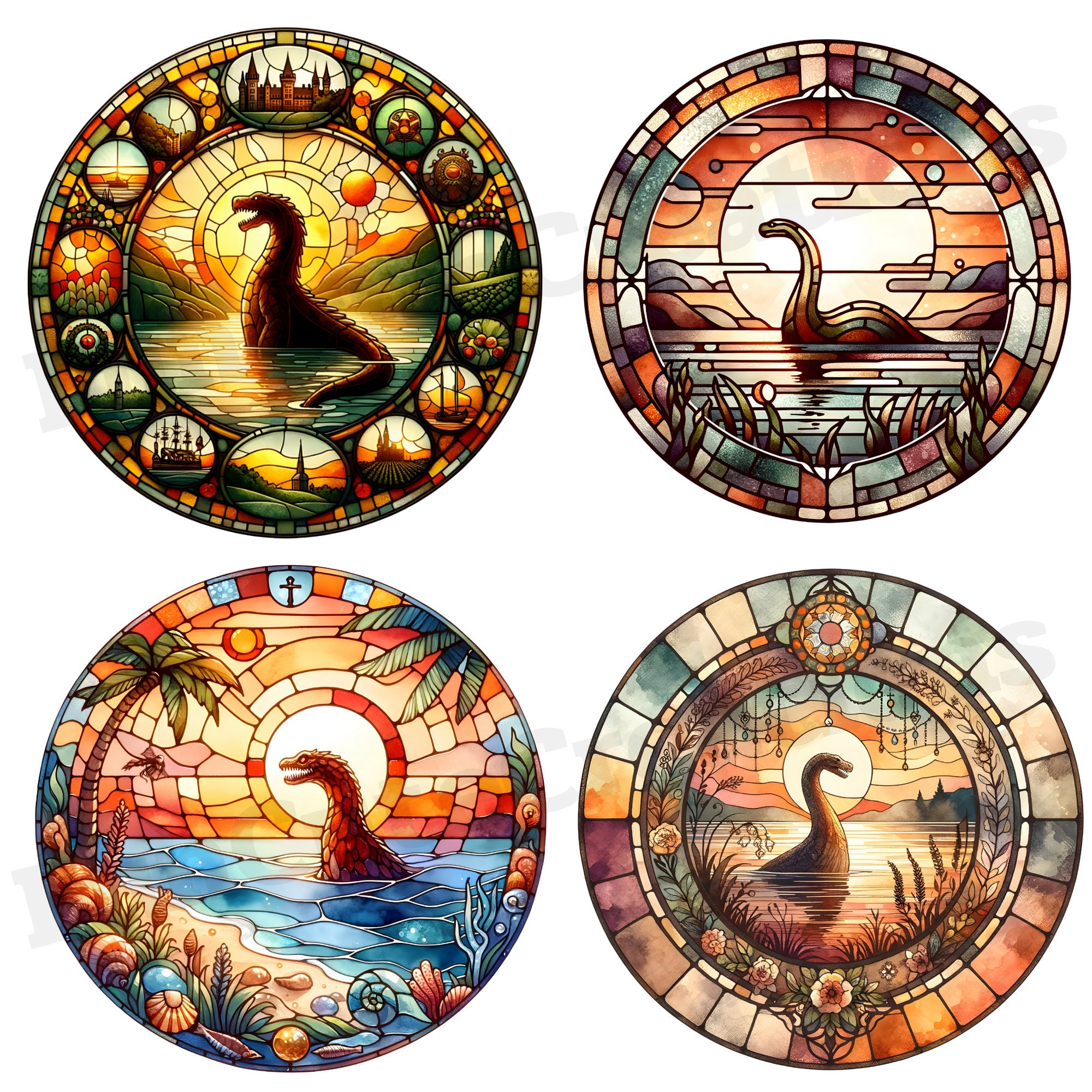 Loch Ness Monster Stained Glass Clipart, Nessie Clipart, Lake Monster ...