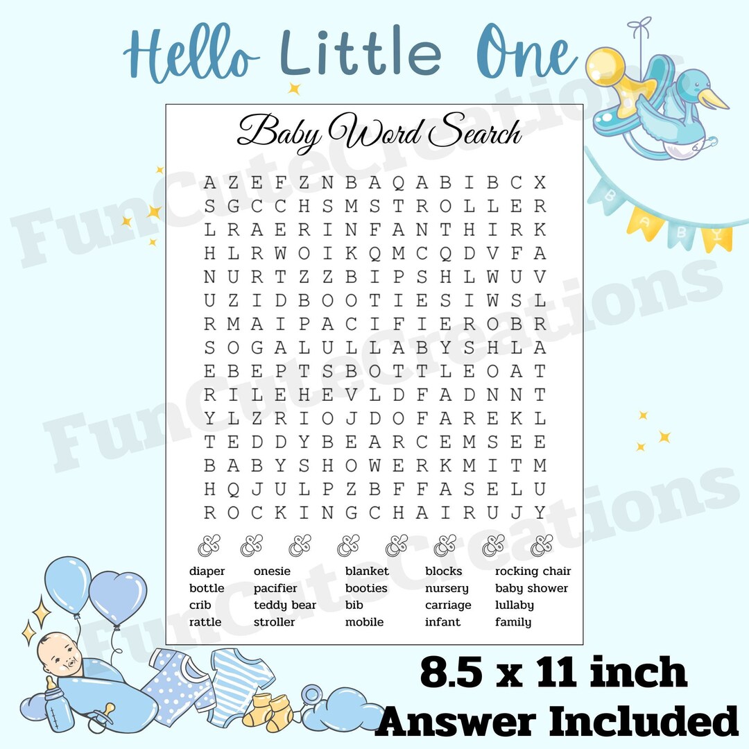 Baby Shower Word Search, Baby Shower for Neutral Theme, Black and White ...