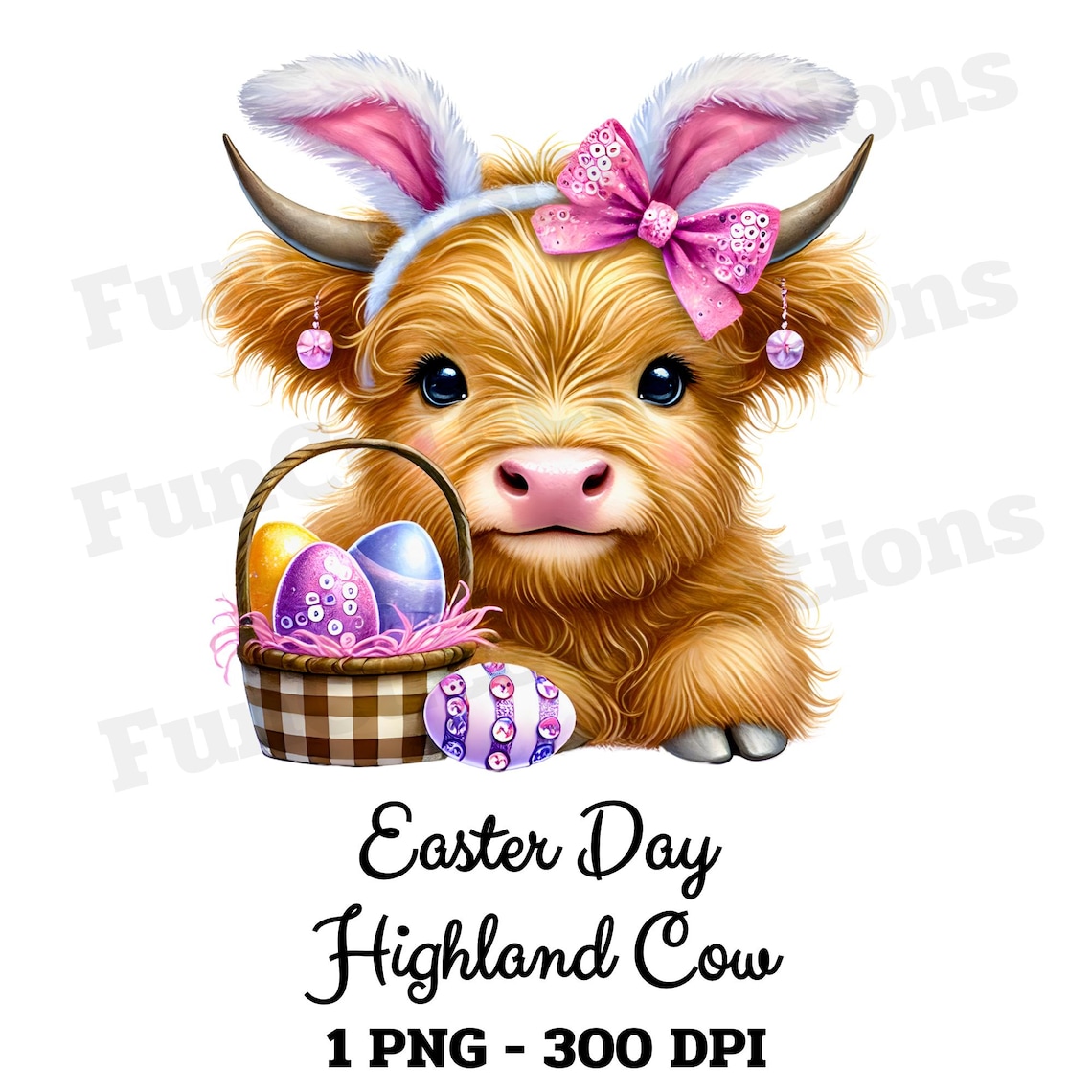 Easter Day Highland Cow PNG, Cute Cow Easter, Sequin PNG, Happy Easter ...