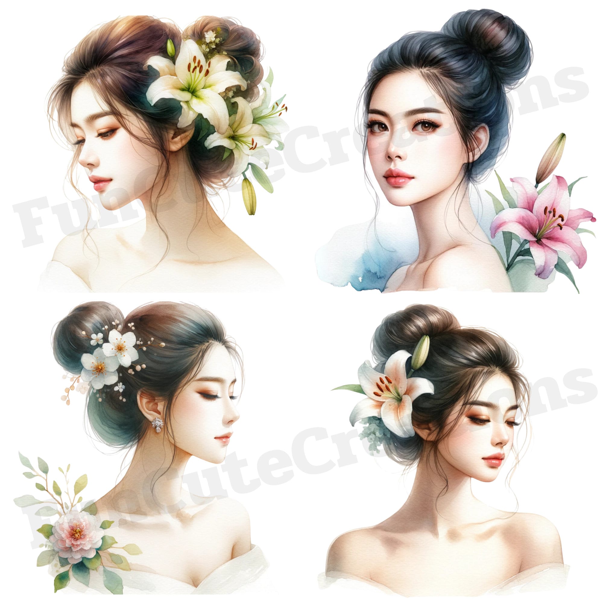 Woman Spring Flower Clipart, Beautiful Girl Model Clipart, Watercolor ...