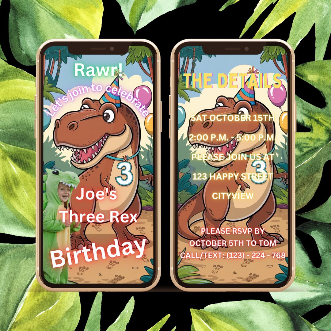 Three Rex Invitation Template, Digital Video Three Rex Birthday Invite ...
