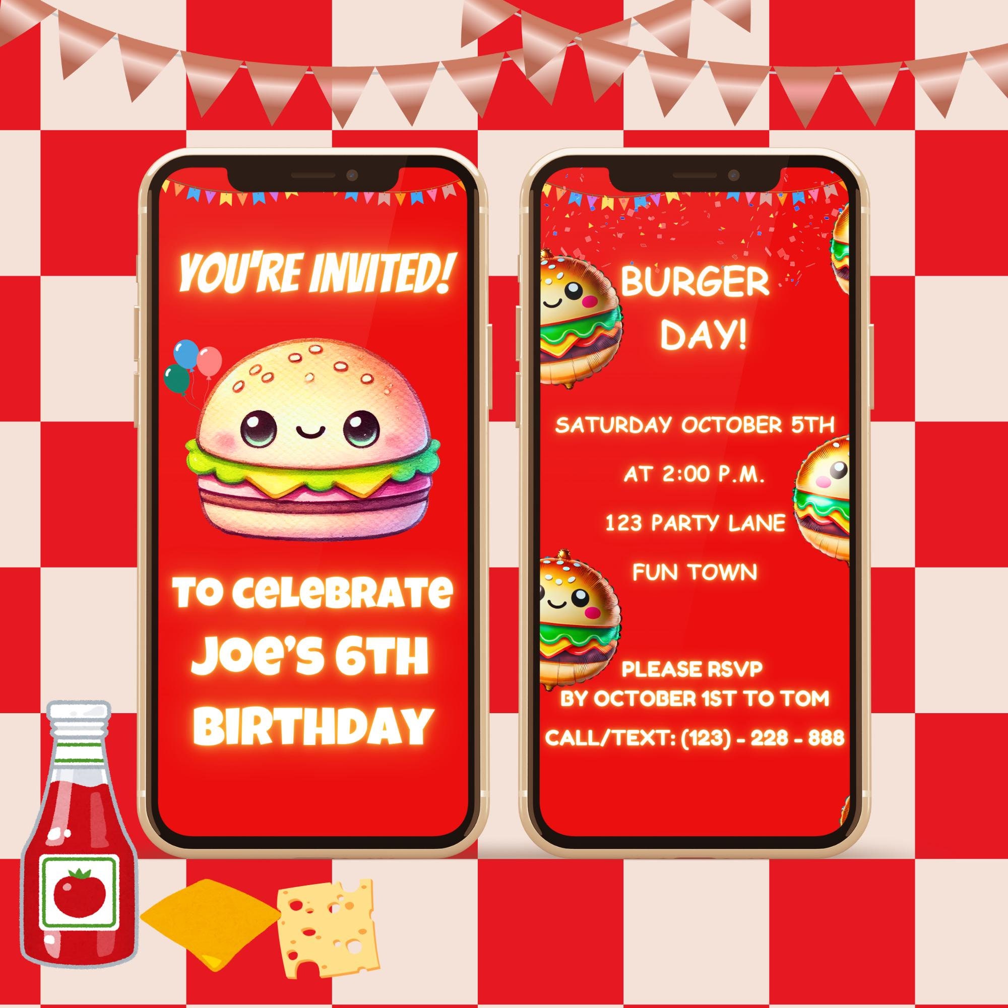 Burger Birthday Party Invitation Template, Burger Day Invitation ...