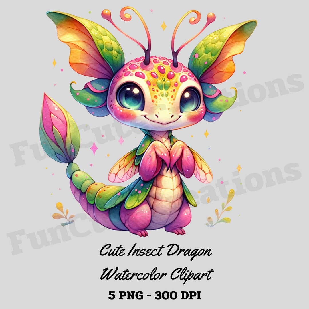 Cute Insect Dragon Watercolor Clipart, Whimsical Fantasy Art, Unique ...
