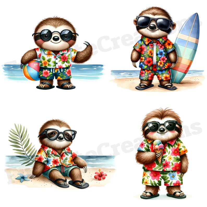 Summer Sloth Clipart, Cute Sloth Clipart, Beach Clipart, Summer Clipart ...