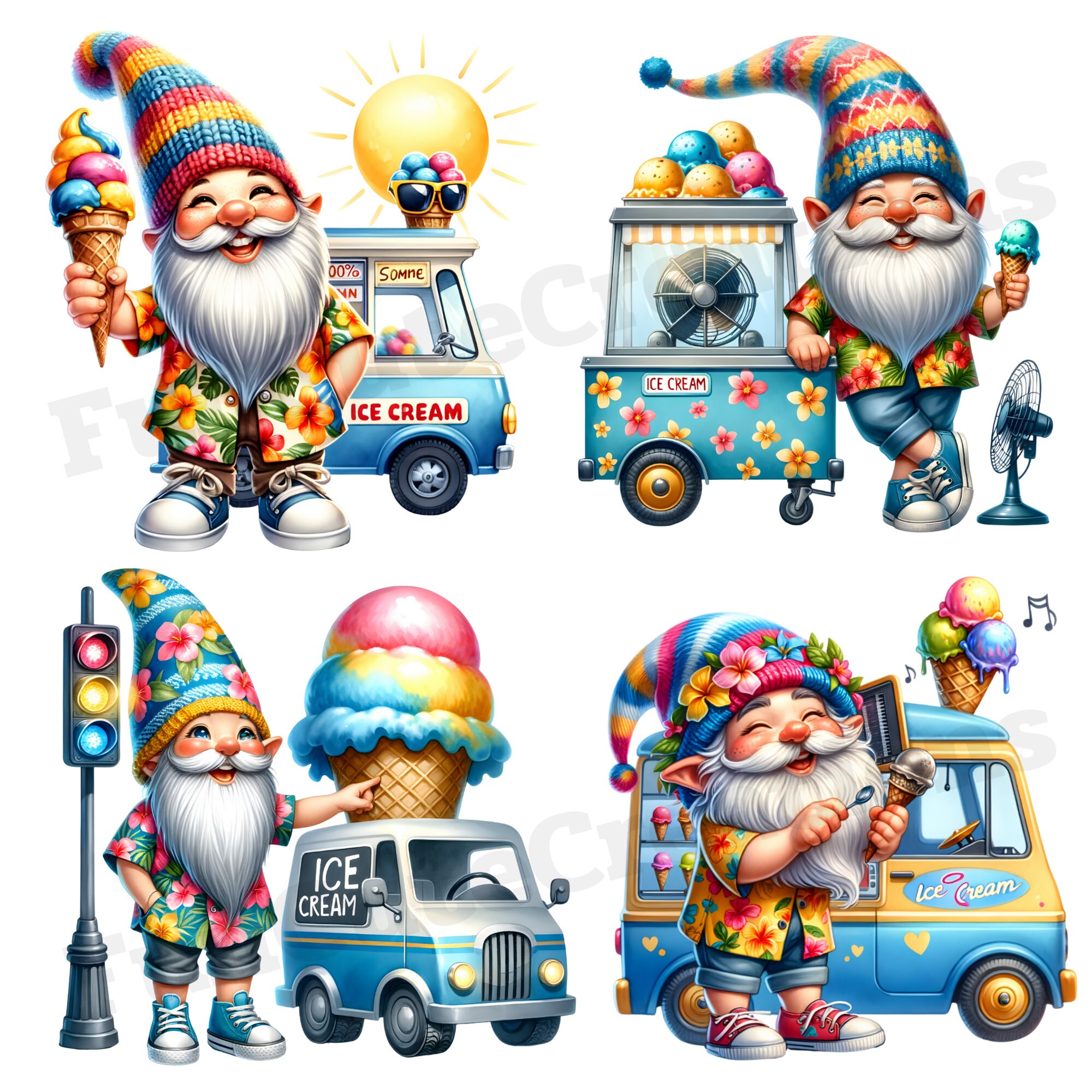 Ice Cream Truck Gnome Watercolor Clipart, Ice Cream Gnome, Summer ...
