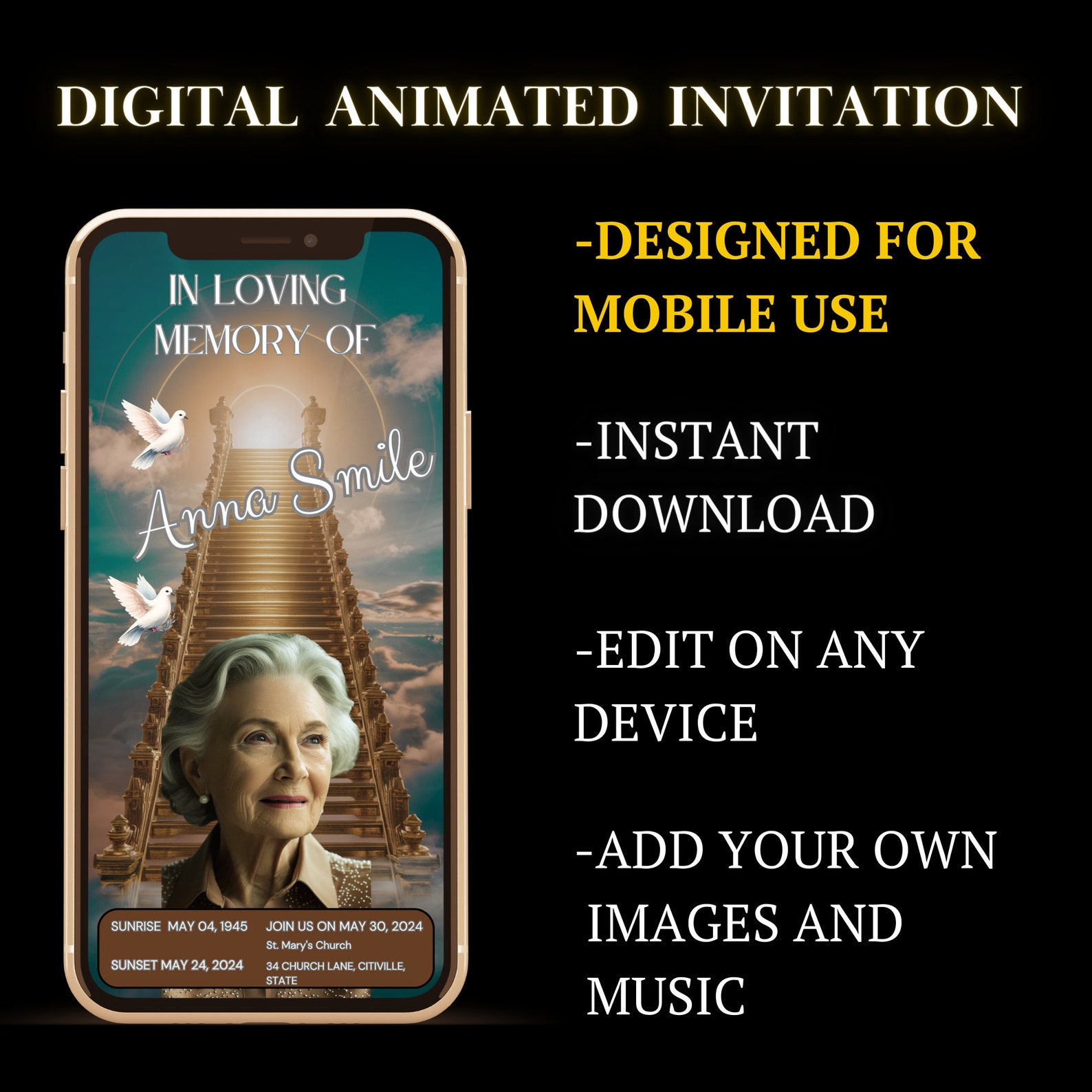 Gold Stairs Funeral Invitation, Digital Funeral Invitation, Digital ...