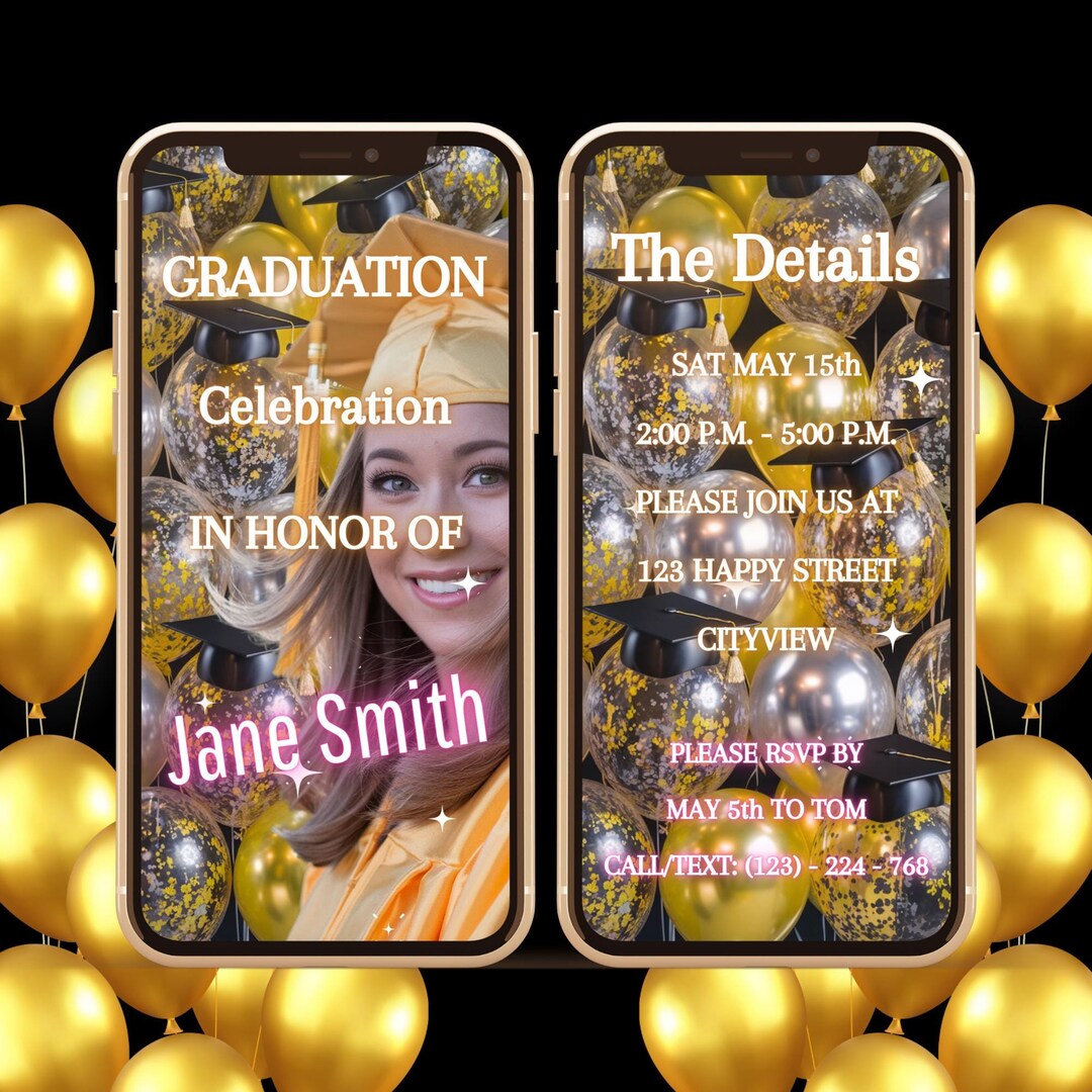 Gold Balloon Graduation Party Invitation Template, Digital Video Gold ...