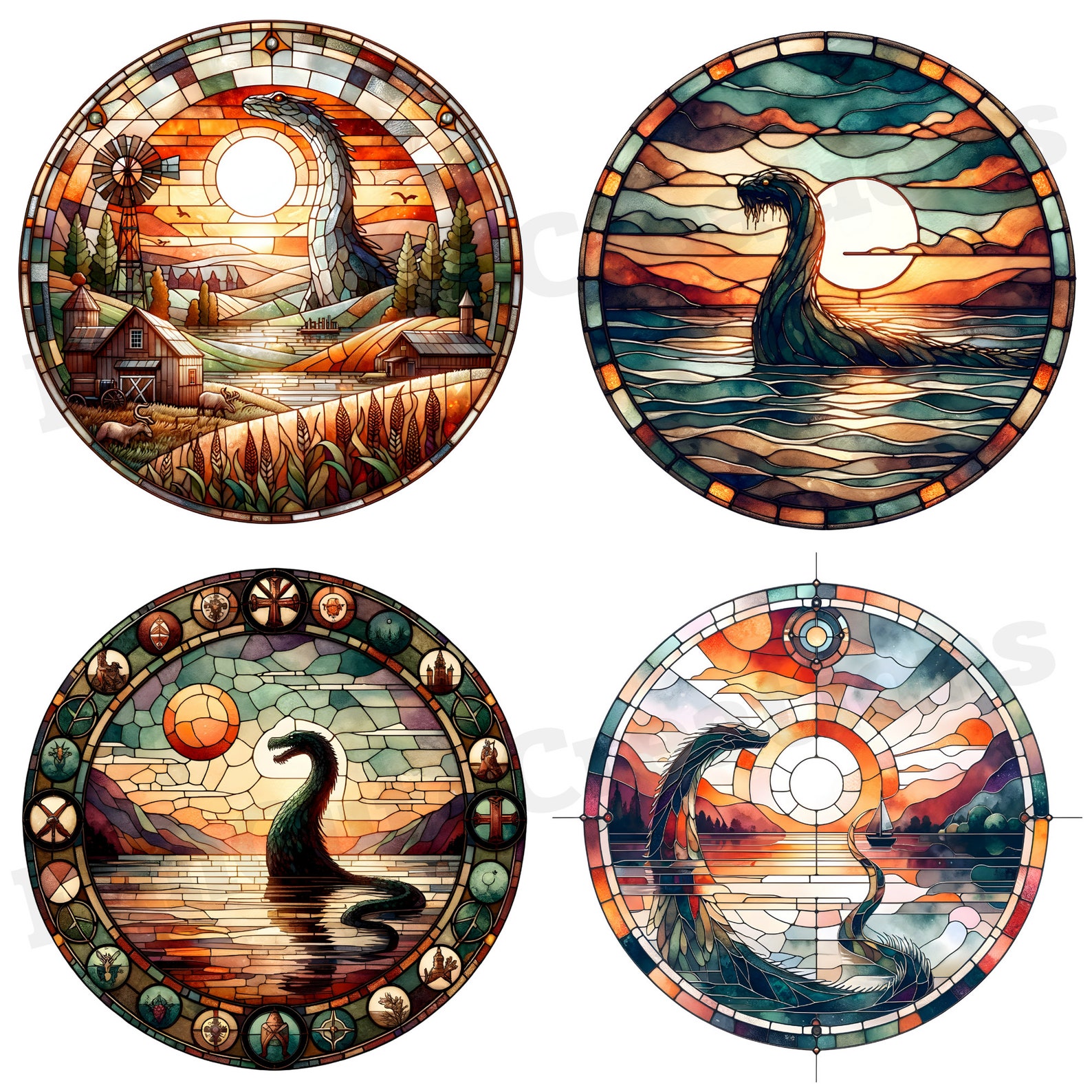 Loch Ness Monster Stained Glass Clipart, Nessie Clipart, Lake Monster ...