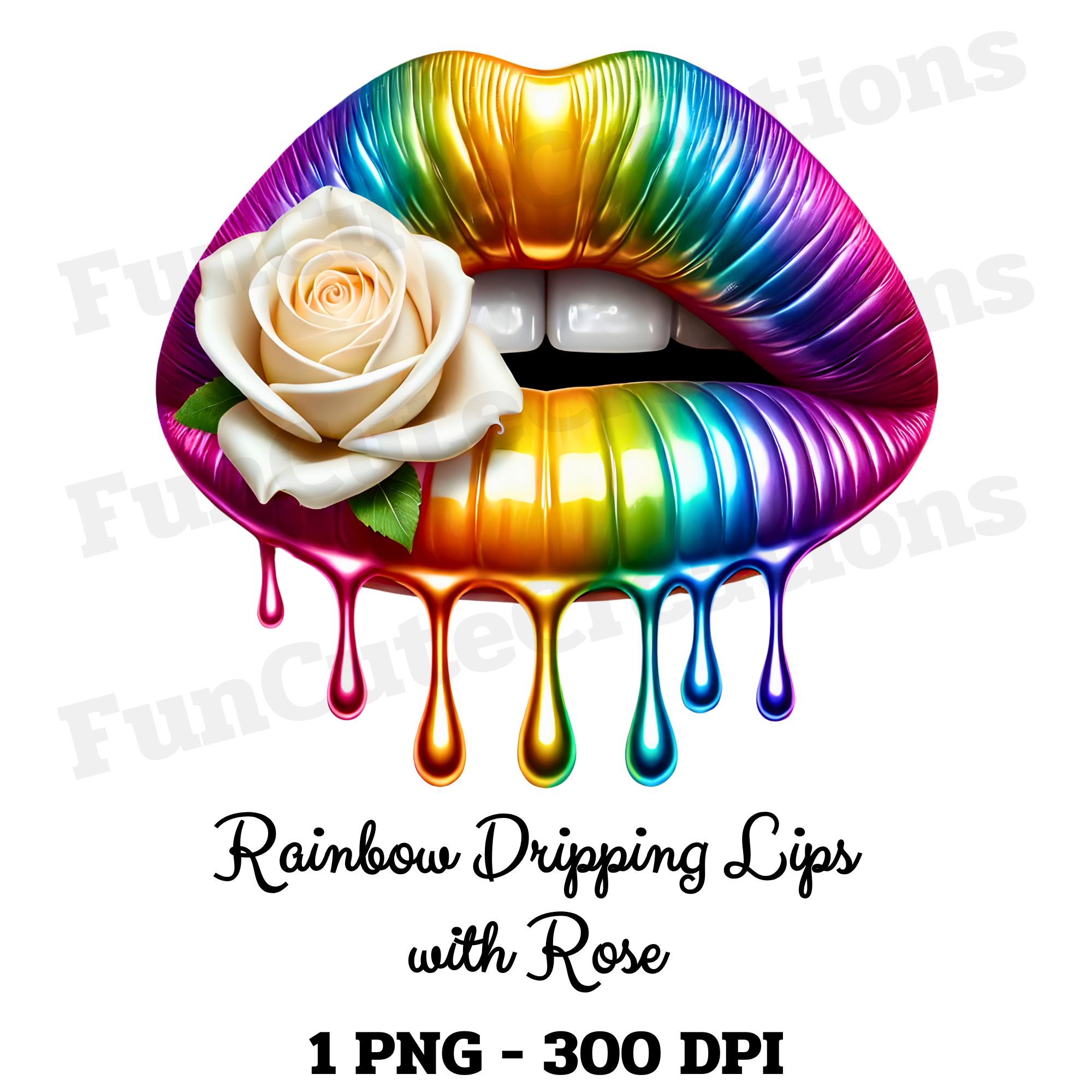 Rainbow Dripping Lips With Rose PNG, Romantic Rainbow Lips Clipart ...