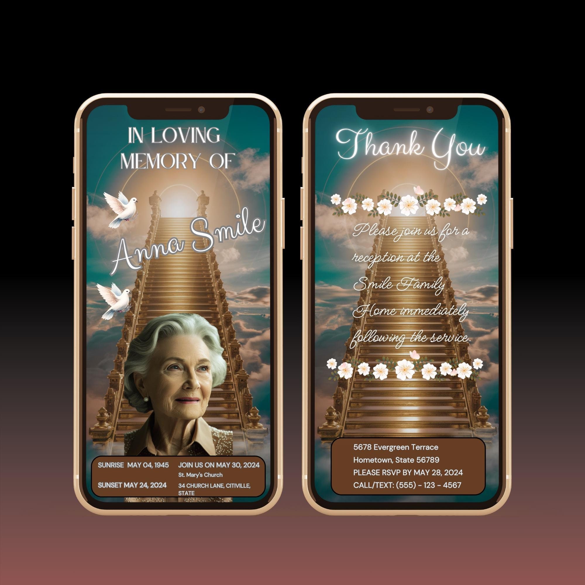 Gold Stairs Funeral Invitation, Digital Funeral Invitation, Digital ...