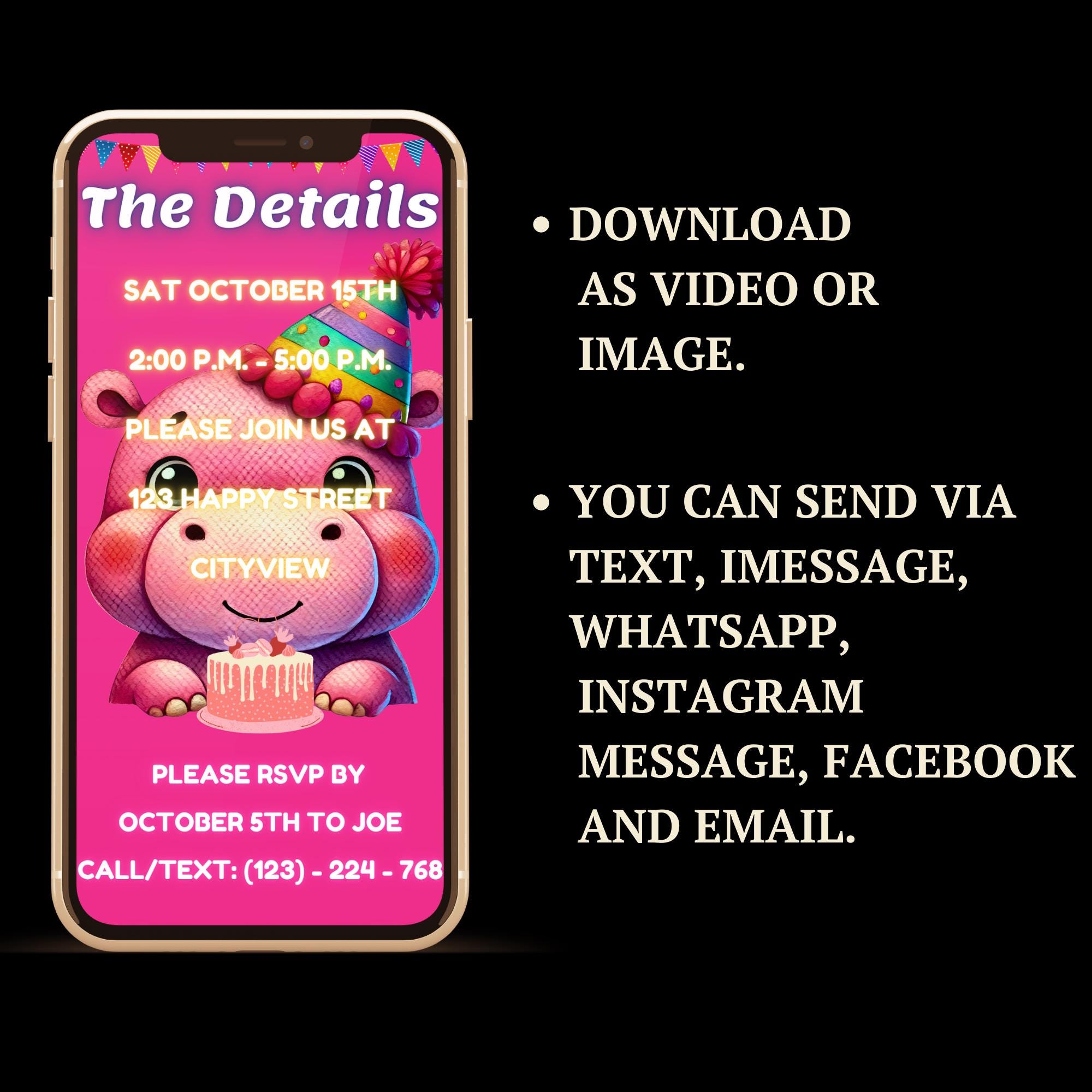 Pink Hippo Birthday Invitation Template, Digital Video Hippo Birthday ...