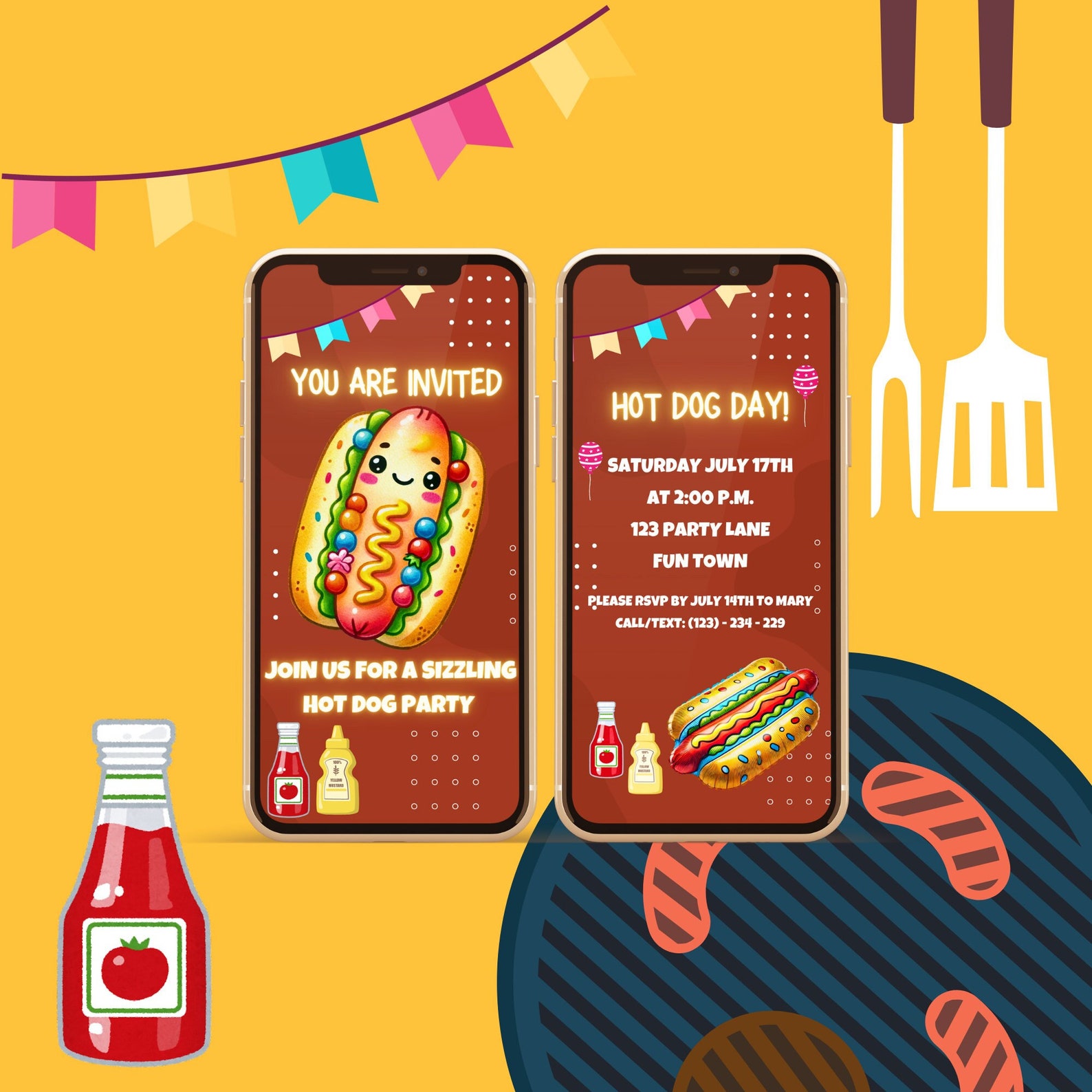 Hot Dog Party Invitation Template, Hot Dog Day Invitation, Digital ...